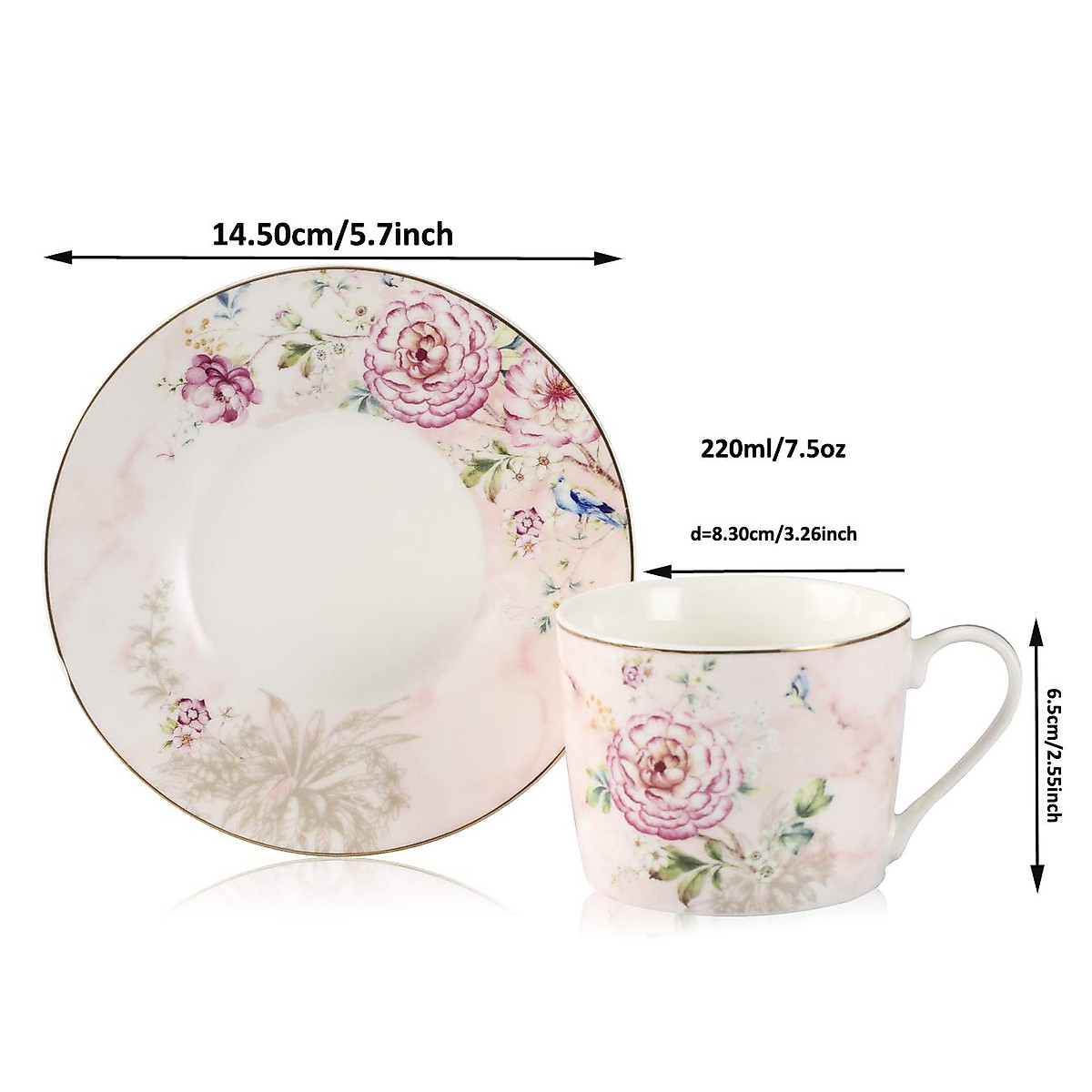 GuangYang Porcelain Tea Cups and Saucers,7 Ounce,Set of 2,Peony Flower Design Coffee Cup with Saucer,220ml Vintage Teacup (Total 4 pieces)