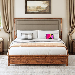 SAMTRA Wooden King Size Bed Frame with Upholstered Tall Headboard, Farmhouse Platform Bedframe with Led Lights & Charging Station, Sturdy Wood Slat Supports, Easy Assembly (Classic Brown)