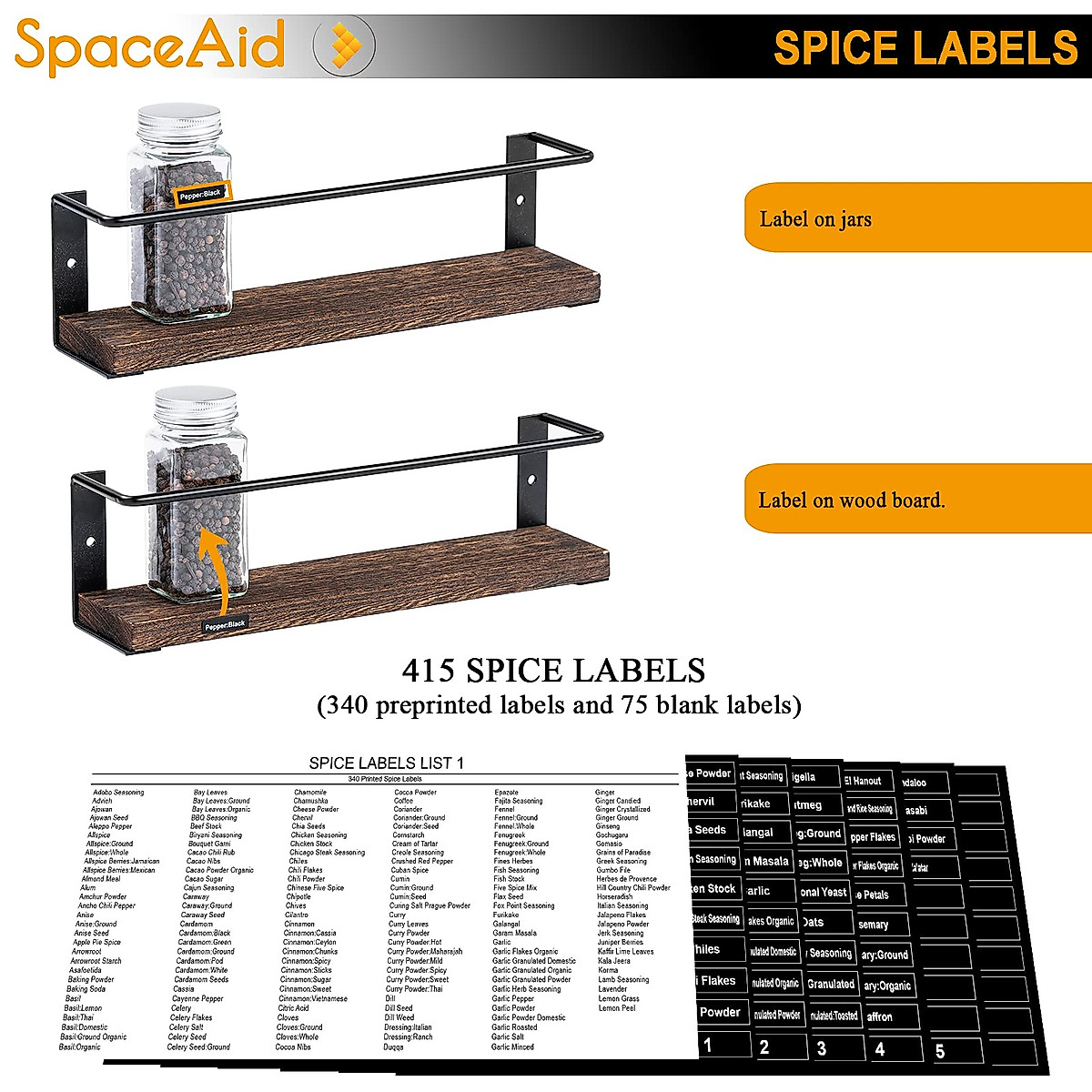 SpaceAid Spice Rack Organizer for Cabinet Door or Wall Mount (4 Pack) with 415 Spice Labels - Wood Hanging Seasoning Shelf for Cupboard Pantry or over the Stove