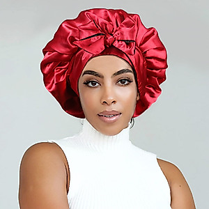 Satin Bonnet Silk Sleep Cap Hair Bonnets for Women Stretchy Tie Band Hair Cap for Curly Hair Silk Hair Wrap(Black+Red)