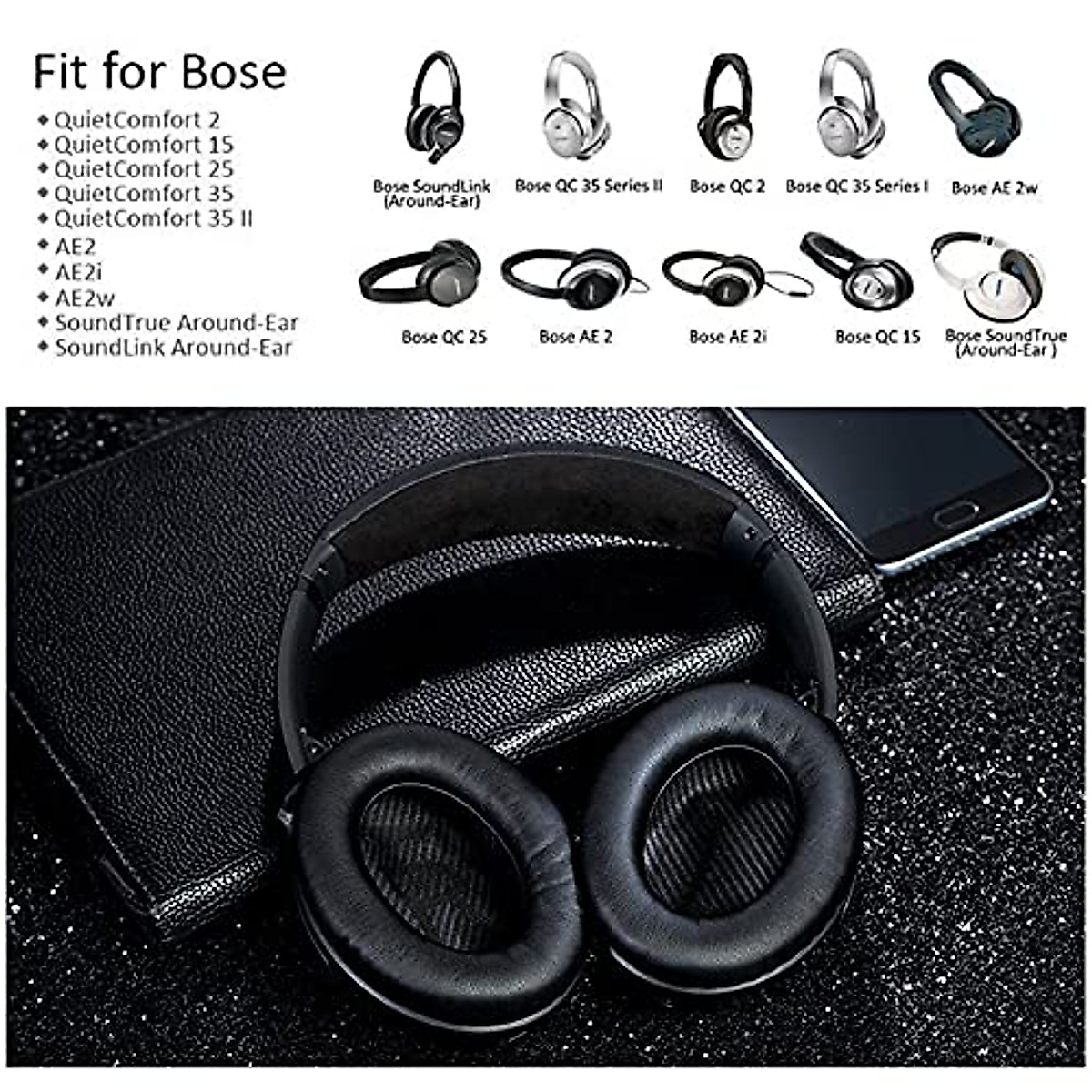 QC45 Replacement Ear Pad Cushions Compatible with Bose QuietComfort 15 QC15 QC25 QC35 QC35II QC45 AE2 AE2i AE2W SoundTrue SoundLink Headphones(Black)