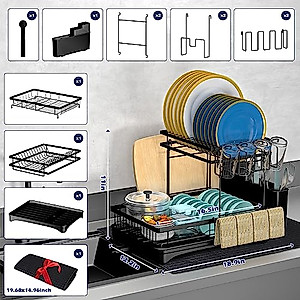 Yilingchild Dish Drainer,Dish Drying Rack with Drainboard,2 Tier Dish Rack for Kitchen Counter, Dish drainers for Inside Sink, Large Dish Strainers with 2 Cup Holder,Extra Drying Mat(Black)