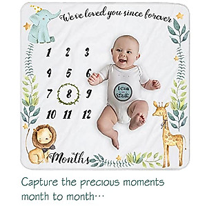 Yoothy Safari Baby Monthly Milestone Blanket for Boy and Girl, Gift for Baby Shower, Baby Photo Blanket for Pictures, Wreath &12 Stickers Included, Soft Flannel Blanket, Elephant, Lion 40''x 40''