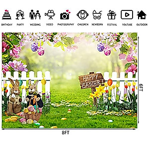 LTLYH 8x6ft Spring Easter Floral Bokeh Backdrop Easter Photo Decorations Background Easter Rabbit Colorful Eggs Fence Grass Wall Decor Photography Background 172