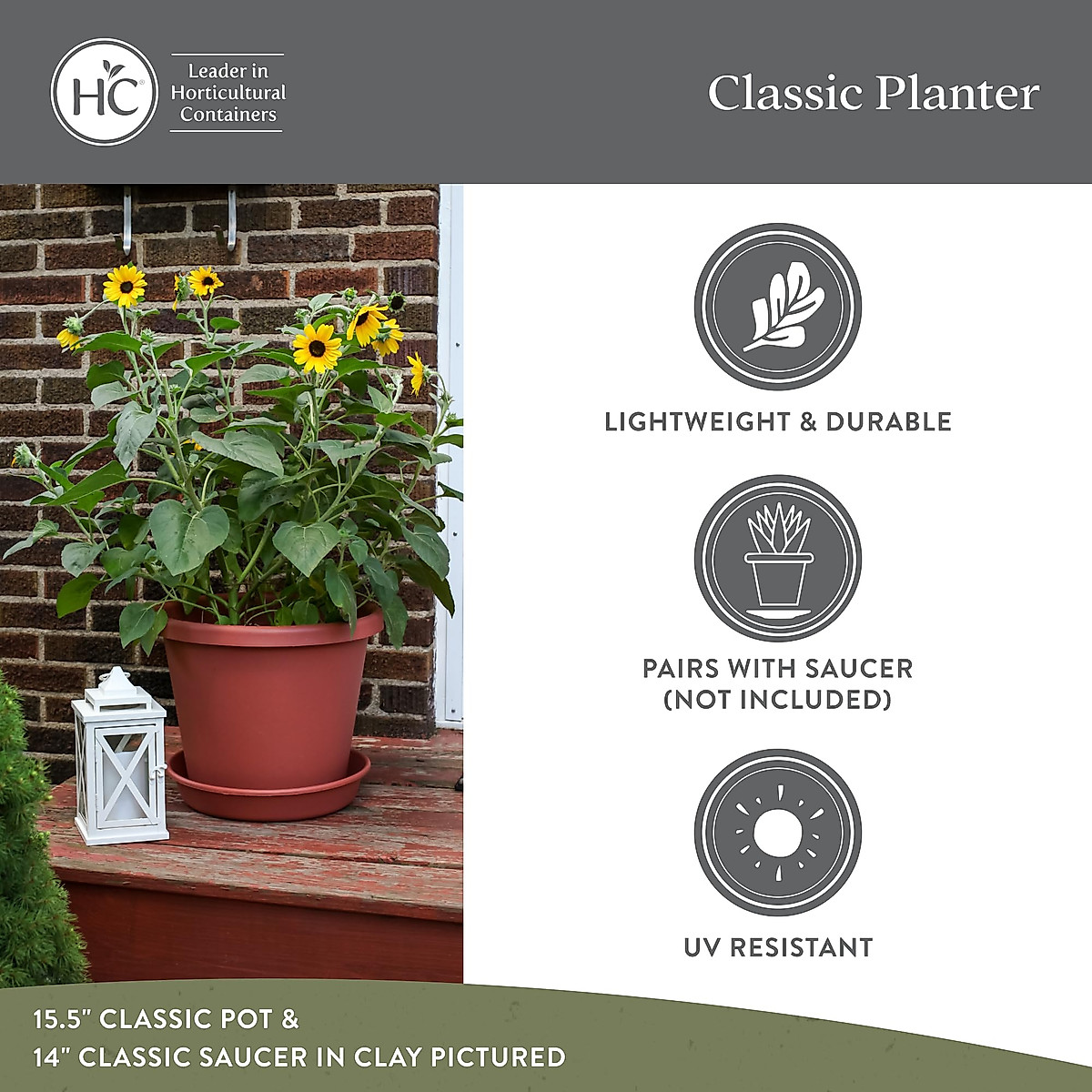 The HC Companies 14 Inch Round Classic Planter - Plastic Plant Pot for Indoor Outdoor Plants Flowers Herbs, Clay Color