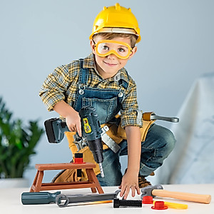 Play Brainy Pretend Kids Tool Kit with Toolbox, Heavy-Duty Plastic Electric Drill, Wrenches, Hammer, Screws, and Faux Wood Toys, Educational Early Learning Building and Construction (23 Pcs)