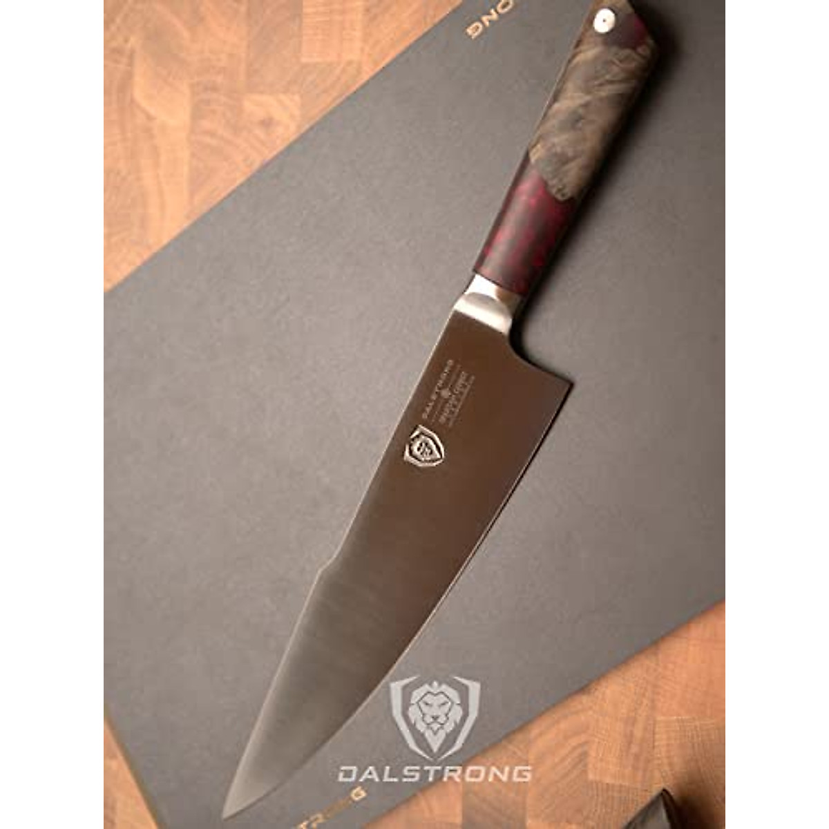 Dalstrong Chef Knife - 8 inch - Spartan Ghost Series - American Forged S35VN Powdered Steel Kitchen Knife - Maple & Red Resin Handle - Razor Sharp Cooking Knife -Sheath Included