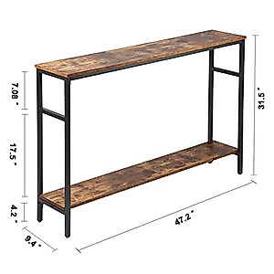 Timberer Narrow Console Table, 47 Inch Sofa Table with Adjustable Shelf, 2-Tier Long Skinny Table for Hallway, Entryway, Living Room, Foyer, Rustic Brown