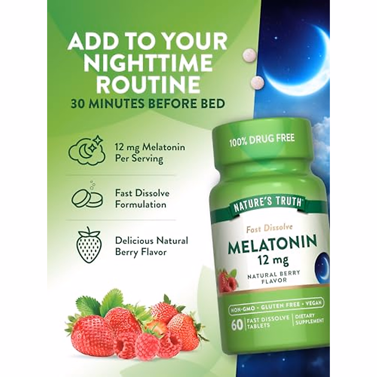 Melatonin 12mg | 60 Fast Dissolve Tablets | Natural Berry Flavor | Vegan, Non-GMO & Gluten Free | by Nature's Truth