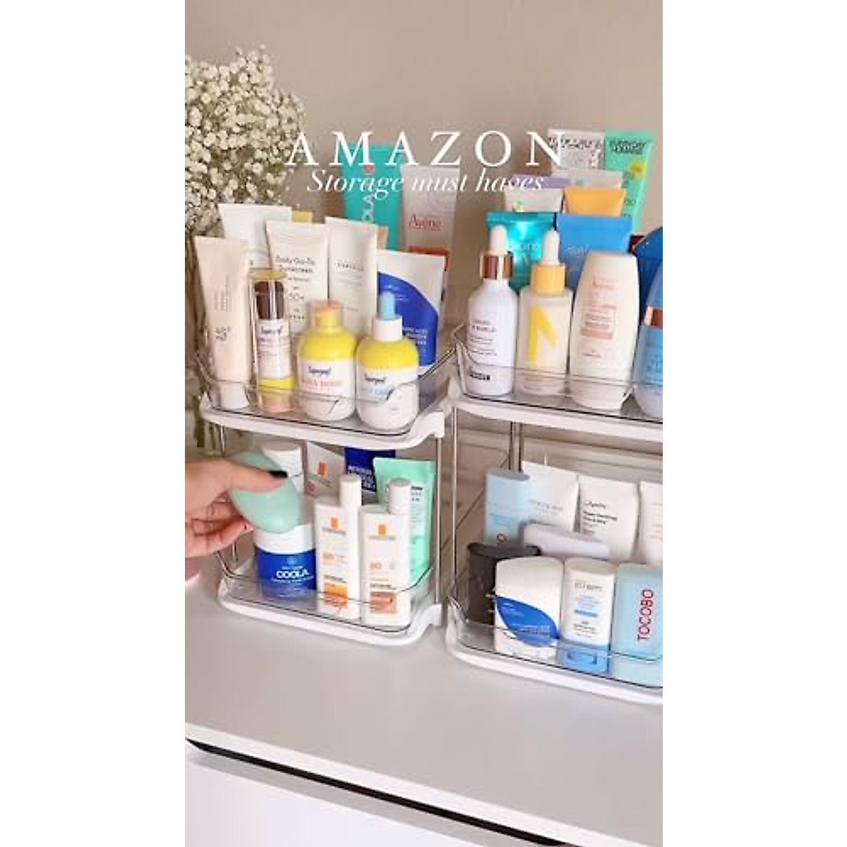 Delamu 2-Tier Multi-Purpose Bathroom Cabinet Organizer, Pull Out Under Sink Organizers and Storage, Stackable Pantry Organization and Storage, Clear Under Cabinet Storage with Movable Dividers