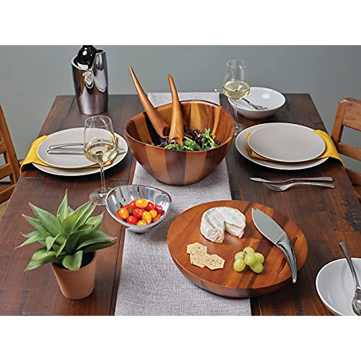 Nambe - Serveware Collection - Canu Chip N Dip Server with Dip Bowl - Measures at 22" x 5.5" - Made with Acacia Wood and Nambe Alloy - Designed by Scott Henderson