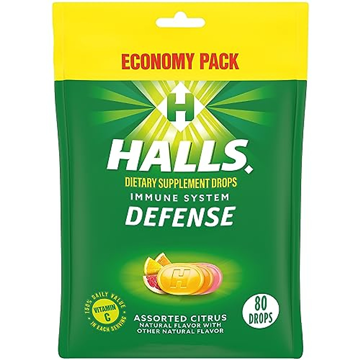 HALLS Defense Assorted Citrus Vitamin C Drops, Economy Pack, 80 Drops