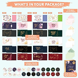 Decorably 24 Pack Gold Foiled Floral Assorted Thank You Cards with Envelopes & Stickers - 24 Designs Blank Inside Box of Thank You Cards Variety Pack, 6x4in Variety Thank You Cards with Envelopes