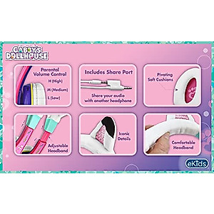 eKids Gabbys Dollhouse Headphones for Kids, Wired Headphones for School, Home or Travel, Tangle Free Toddler Headphones with Volume Control, 3.5mm Jack, Includes Headphone Splitter