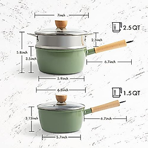 ROCKURWOK Ceramic Nonstick Sauce Pan, 1.5QT and 2QT Saucepan Pot Set, PFAS-Free, Non Toxic & PFAS-Free, Wooden Handle for Cool Touch, Universal Base(Gas, Electric & Induction), Green