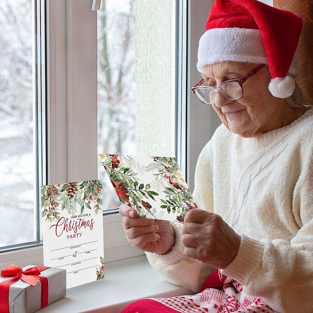 JarThenaAMCS 25 Pack Christmas Party Invitations Watercolor Pine Cone Green Leaves Invitaion Paper Cards with Envelopes Sticker Xmas Invites for Bridal Shower Baby Shower Rehearsal Dinner Party