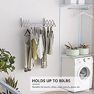 X-cosrack Wall Mount Clothes Drying Rack, Rustproof Accordion Retractable Drying Rack for Laundry Room/Bathroom Tower, 8 Bar Space-Saving Aluminium Alloys Garment Hanger 16.8 Linear Feet Pearl Silver