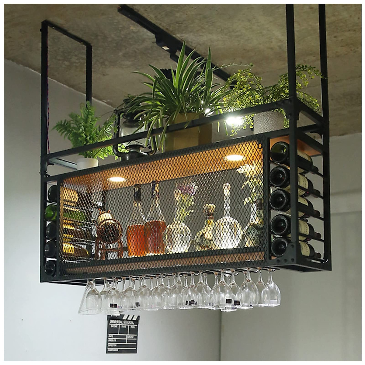 KEPMOGOH Ceiling Wine Glass Rack, Hanging Wine Rack with Glass Holder and Shelf, Metal Ceiling Shelf with Guardrails, Goblet Stemware Racks, Black Metal Ceiling Shelf for Bar Cafe Kitchen (100cm)