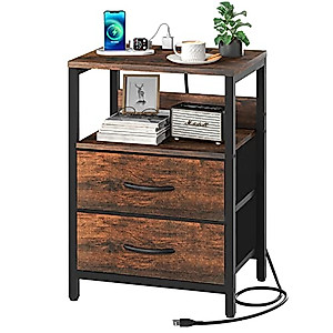 Yoobure Nightstand with Charging Station, Small Night Stand with Fabric Drawers and Storage Shelf for Bedrooms, Small Spaces, Bedside Table with USB Ports & Outlets