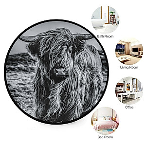 Highland Cattle Cow Area Rug Round 3 ft Washable for Bedroom Living Room Scottish Meadow Animal Circle Rug Mat Non Slip Carpet Decor Floor Mat for Bathroom Kitchen Dorm