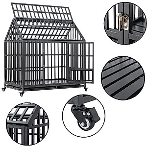 Afqxf Large Dog Crate Cage, 47'' Heavy Duty Galvanized Iron Dogs Cage Kennels Crates Furniture with Front Door, Top Door and 4 Lockable Wheels, Perfect for Patio, Home, Backyard, Black