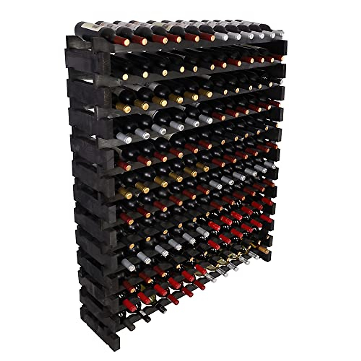 DisplayGifts Pine Wooden Wine Holder Stackable Modular Display Shelves Wine Rack Storage Stand Thick Wood Black 12 X 12 Rows 144 Slots
