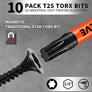 10-Pack T25 Torx Bits for Impact Driver- Torx Bit Set 2'' Long, Profession Star Bits Set, Magnetic T-25 Torx Bit, S2 Alloy Steel Torque Bits, T Bit Set 1/4'' Hex-Shank, Star Drill Bit Set, T25 Bit
