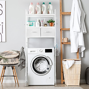 YBING Over The Toilet Storage, Over Toilet Bathroom Organizer with Drawer, Above Toilet Stand with Roll Holder and Hooks, Over Toilet Storage Shelf Cabinet, Wooden, White