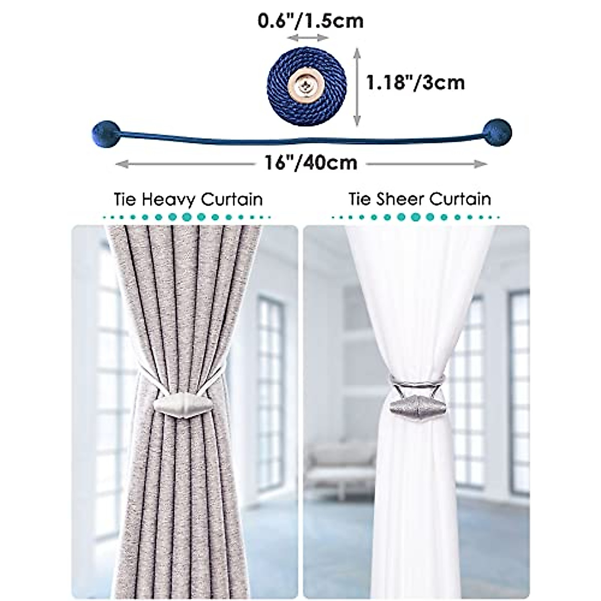 TECVINCI Magnetic Curtain Tiebacks with Upgrade Larger Magnet, 2 Pack 16 Inch Drapery Holdbacks for Indoor & Outdoor Curtain - Gold