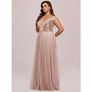 Ever-Pretty Women's Cap Sleeve Sequin Plus Size A-line Tulle Wedding Party Dress Long Rose Gold US24