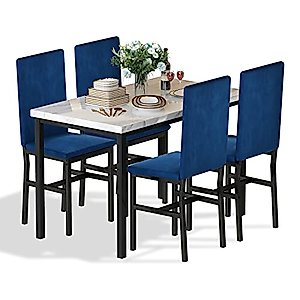 Hooseng Dining Table Set for 4- Space Saving Kitchen Table and Chairs for 4, Modern Style Faux Marble Tabletop & 4 Blue Velvet Chairs, Perfect for Dining Room, Kitchen, Breakfast Corner Small Spaces
