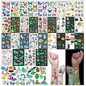 ZQFTZQ Glow In The Dark Temporary Tattoos for Kids,Mixed Style Luminous Temporary Tattoos Stickers Unicorn Butterfly Dinosaur Mermaid Face Temp for Girls Boys Glow Party Supplies Gifts Christmas Toys