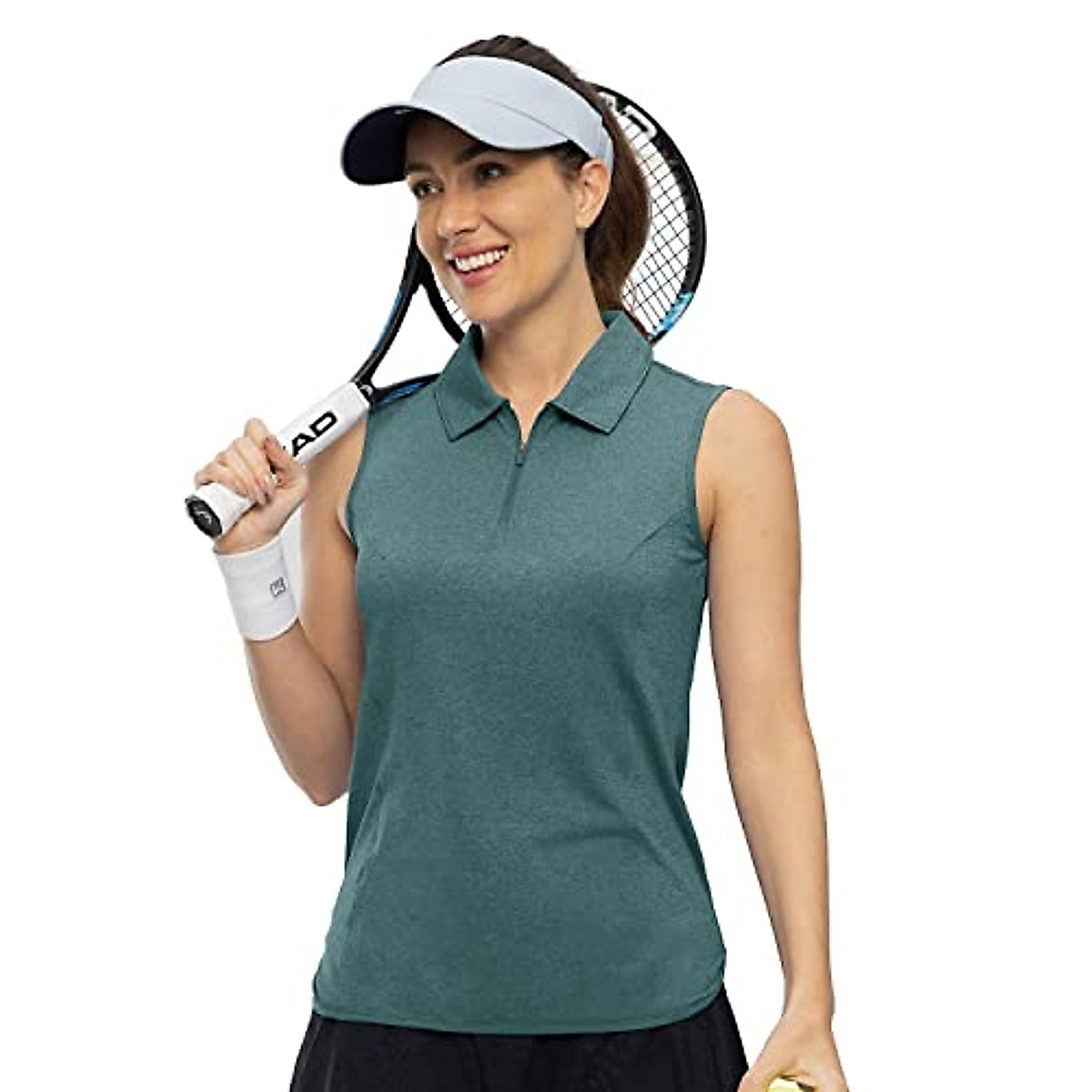 YSENTO Women's Golf Polo Shirts Tops Sleeveless Collared 1/4 Zip Dry Fit UV Protection Sun Shirts Denim Blue XL