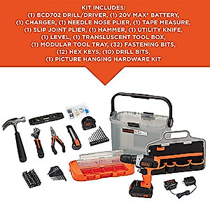 BLACK+DECKER 20V MAX Drill with Home Tool Kit, 66-Piece (BCKSB62C1)
