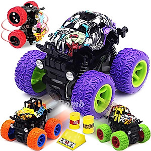 CozyBomB Friction Powered Monster Trucks Toys for Boys/Girls - Push and Go Car Truck Playset, Inertia Vehicle, Kids Birthday Christmas Party Supplies Gift 3 Years Old (Purple, Red, Orange, Green)