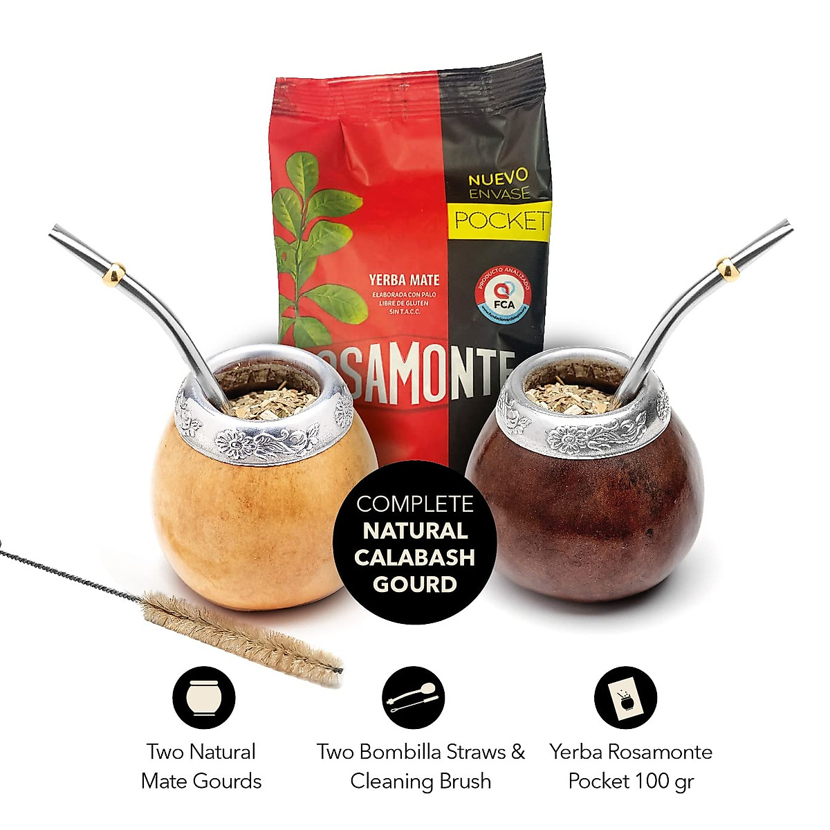 BALIBETOV Set of 2 Yerba Mate Gourd and 1 Pack of 100gr - 3.5OZ of Yerba Mate - Yerba Mate Cup Argentina - 2 Mate Cup, 2 Bombilla, 1 Cleaning Brush, 1 Loose Leaf Yerba Mate bag (DARK BROWN - NATURAL)