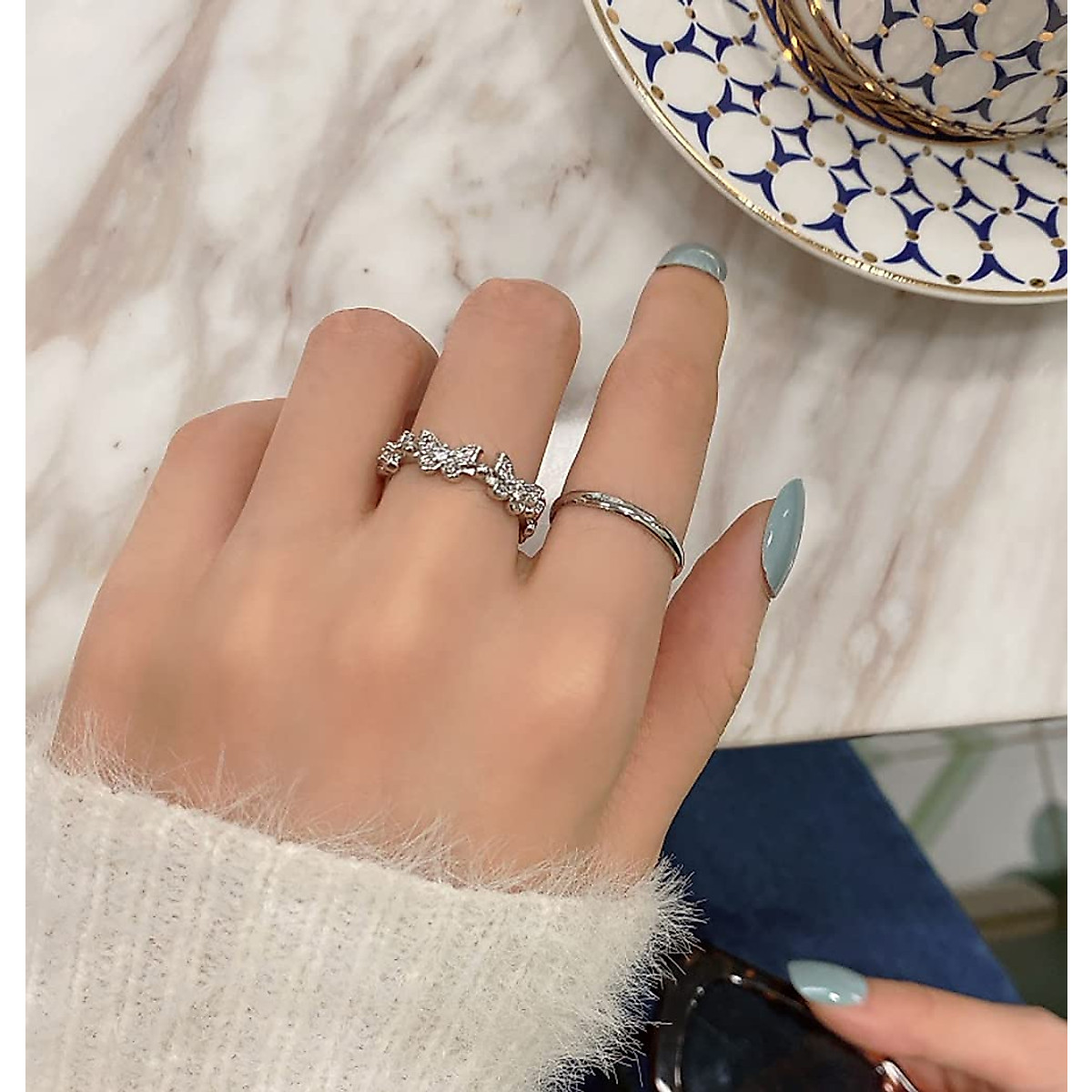 YOOESTORES82 Adjustable Butterfly Ring for Women Men, 2Pcs Couples Matching Friendship Trendy Promise Rings Set for Thumb Jewelry (Silver2)