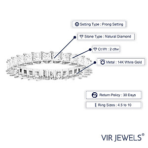Vir Jewels 2 cttw Diamond Eternity Ring for Women, Princess Cut Diamond Wedding Band in 14K White Gold Prong Set, Size 6