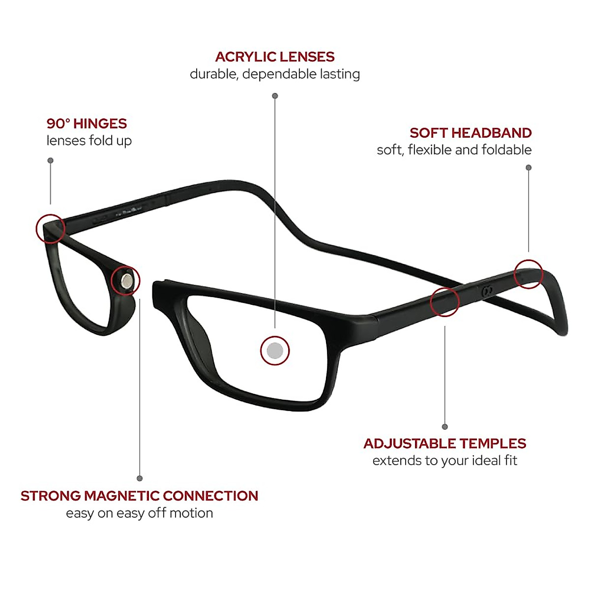 Clic Magnetic Reading Glasses by Slastik, Computer Readers, Soft Foldable Band, Replaceable Lens, Adjustable Temples, Nashi, (S-XL, Black, 1.75 Magnification)