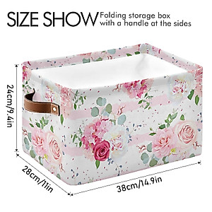 Square Storage Basket Pink Rose Flowers Storage Bins Canvas Storage Organizer Closet Shelf Organizer for Home Office, 2 Pc
