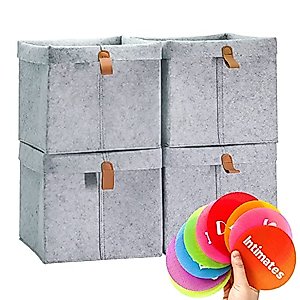 MILILOVE 4Pcs Felt Storage Basket 9x9x10 inch Cube, Fabric Cloth Storage Bin, Collapsible Organizer Basket with Handle for Cloth Toys Underwears Bedroom Playroom Office (with free decorations)