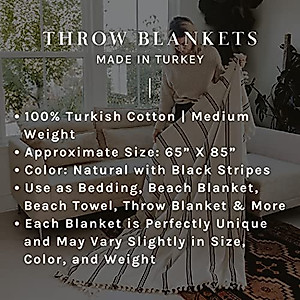 Sweet Water Decor Turkish Cotton Throw Blankets | Large Size 65 x 85 | Cream with Black Decorative Stripes | Boho, Rustic, Farmhouse | Indoor, Outdoor Cover (Henley - Four Stripes)