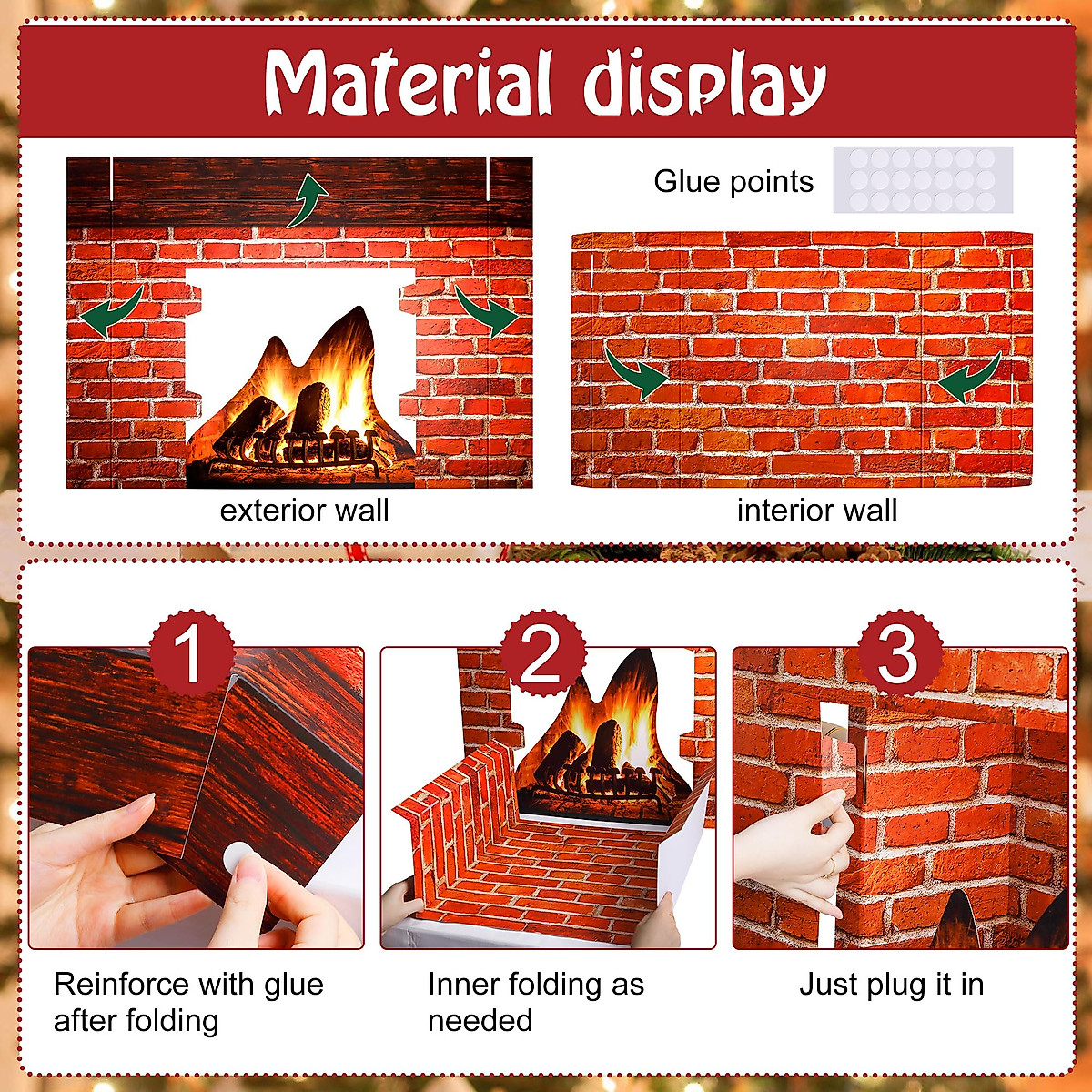 Christmas Cardboard Fireplace Prop- 3D Artificial Red Brick Cardboard Fireplace- Brick Fireplace Stand-Up- Fake Fireplace Backdrop for Christmas Decoration