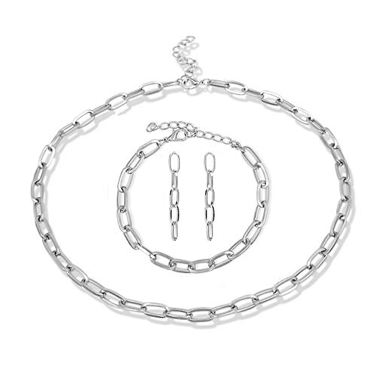 14K Gold Plated Paperclip Alloy Link Chain Choker Necklace Bracelet Earrings Set Punk Oval Dainty Chunky Chain Flat Link Costume Jewelry Set for Women Girls Men Party Gifts Jewelry-Silver