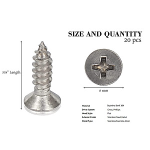 Hession Wood Screws Stainless Steel 304 Flat Head Phillips Drive Self Tapping Screw for Sheet Metal Thread Sharp Point 20pcs Pack (#8 x 5/8 inch)