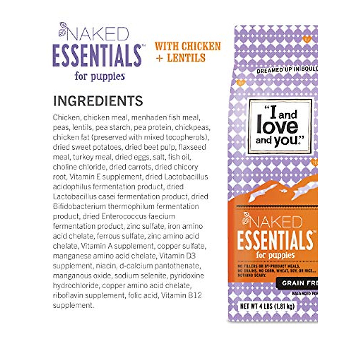 "I and love and you" Naked Essentials Dry Puppy Food - Natural Grain Free Kibble, Prebiotics & Probiotics, Chicken + Lentils, 4-Pound Bag