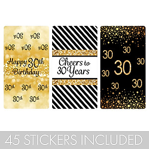 Black and Gold 30th Birthday Party Mini Candy Bar Wrappers - 45 Stickers