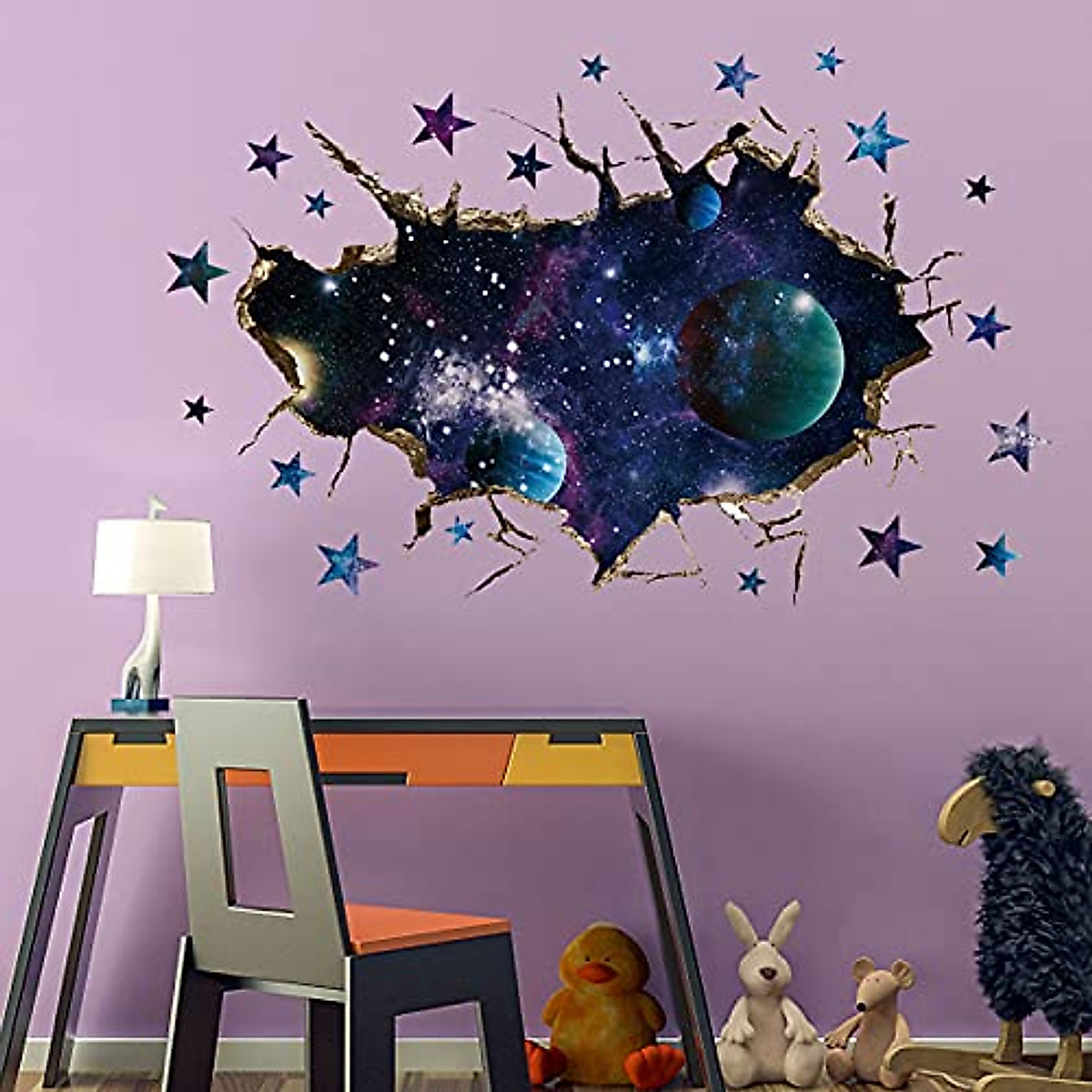 ASMPIO 3D Space Galaxy Wall Decor Stickers, Removable Broken Outer Space Planet Waterproof Vinyl Floor Decals, 3D Art Magic Wall Mural Decals for Kids Bedroom Living Room Nursery Home Wall Decor