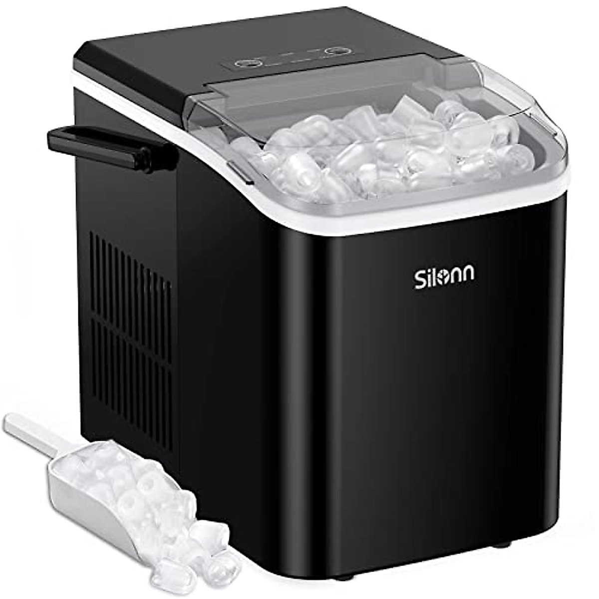 Silonn Countertop Ice Maker Machine with Handle, Portable Makers Countertop, Makes up to 27 lbs. of Per Day, 9 Cubes in 7 Mins, Self-Cleaning Scoop and Basket, Black, 12 x 9 x 12 inches (SLIM06)