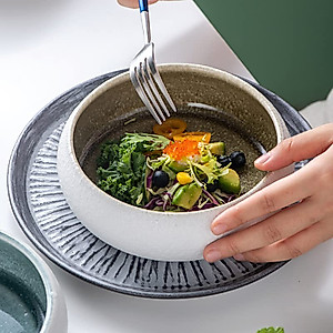 Uaral Salad Bowl Large Serving Bowl 18 Ounce Appetizer Bowls 6.5inch Ceramic Shallow Bowl Set of 4, (White Texture&Green)